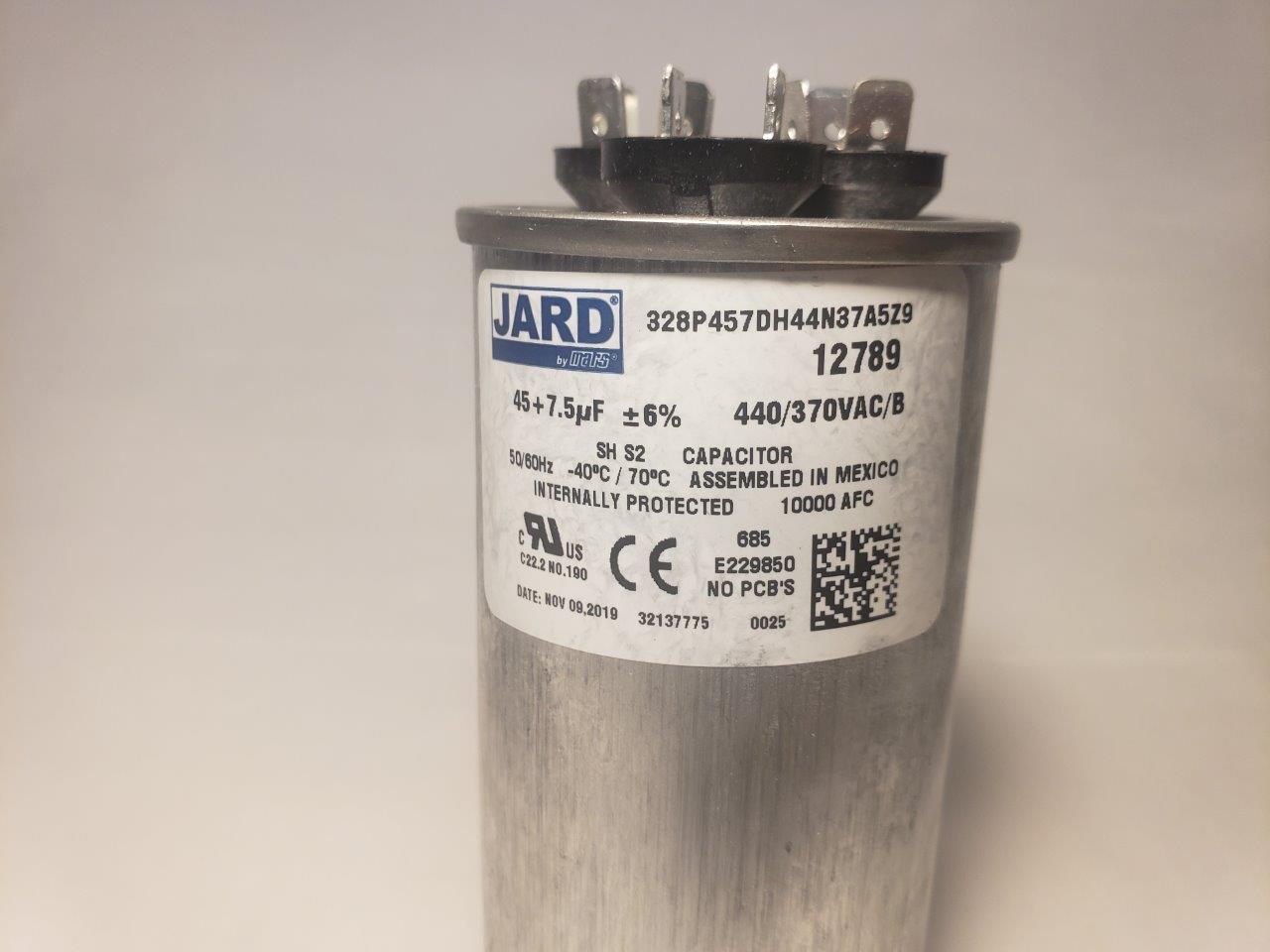 45 + 7.5 MFD x 370 or 440 VAC Motor Dual Run Capacitor Round JARD 12789 ...