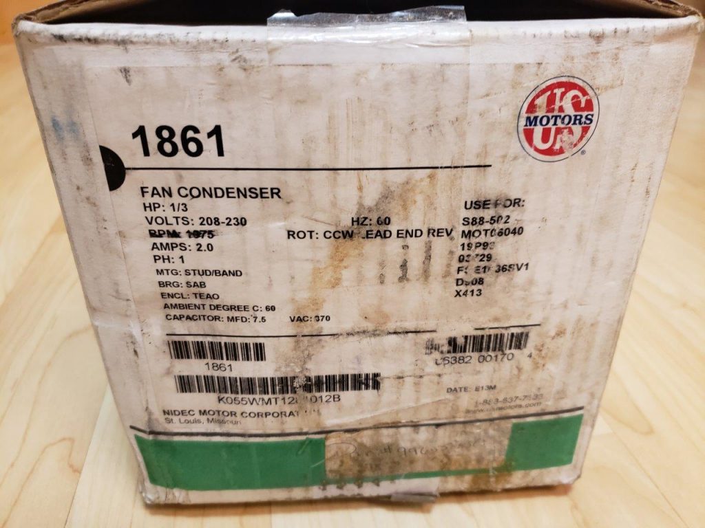 1/3 HP 208-230/1/60 1075 RPM/1 Speed 1861 US Motors Condenser Motor ...