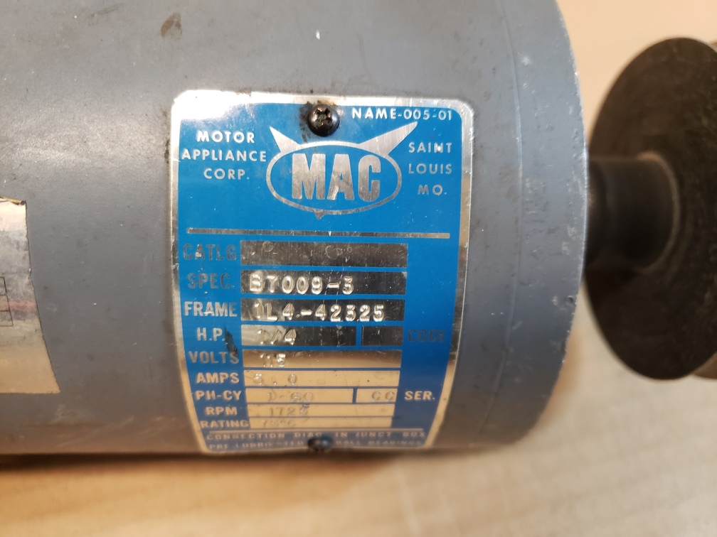 Mac Motor Appliance Corp. 1/4 HP 1725 RPM Milling Table Motor 1L4-42325 ...