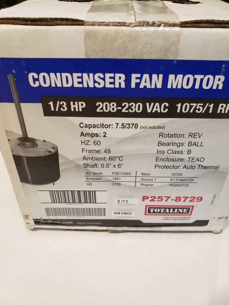 1/3 HP, 208-230VAC, 1075 RPM, 1 Speed Condenser Fan Motor P-8-8041 ...