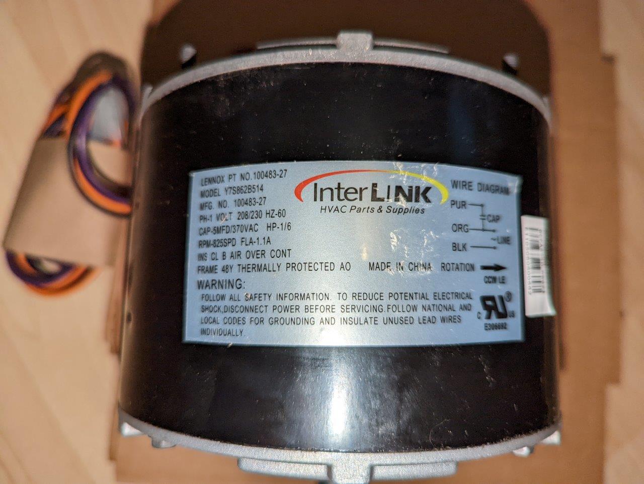 Interlink Lennox PT No 100483-27 Y7S862B514 Fan Motor 825 RPM 1/6 HP 208/230 VAC 60 Hz 1-Phase ...