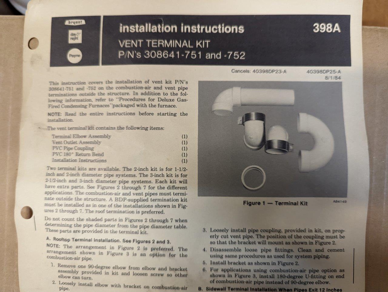 Bryant 2″ Vent Terminal Kit 308641-751 & -752 Rooftop Combustion-Air ...